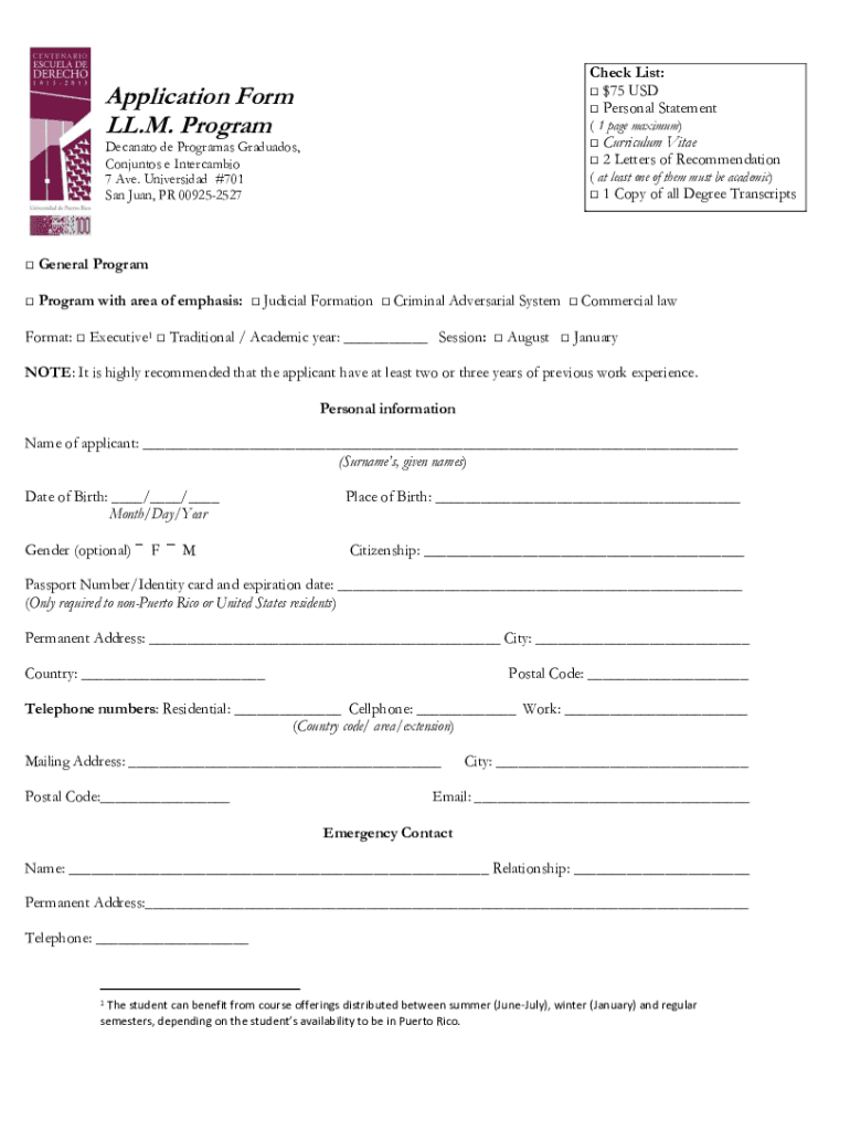 Fillable Online derecho uprrp Application Form LL.M. Program Fax Email Print - pdfFiller