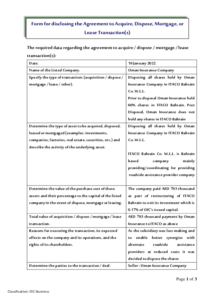Fillable Online Form for disclosing the Agreement to Acquire, Dispose ...