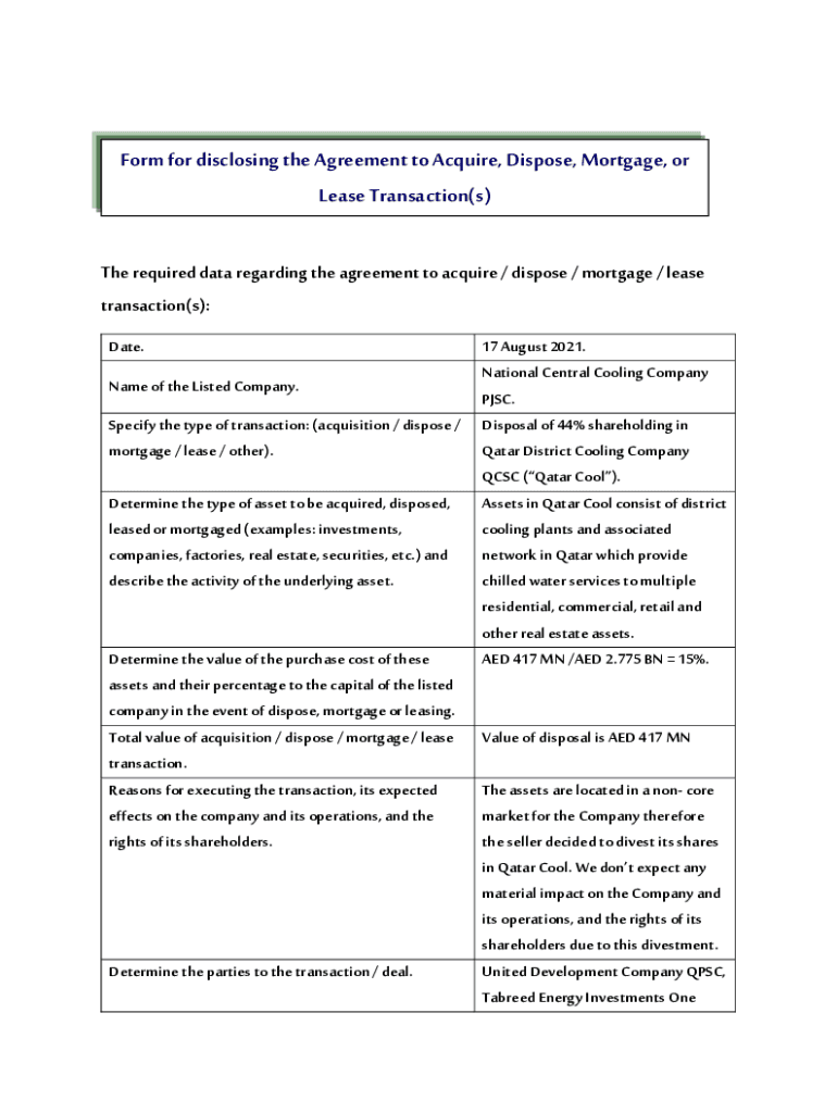 Fillable Online Form for disclosing the Agreement to Acquire, Dispose ...