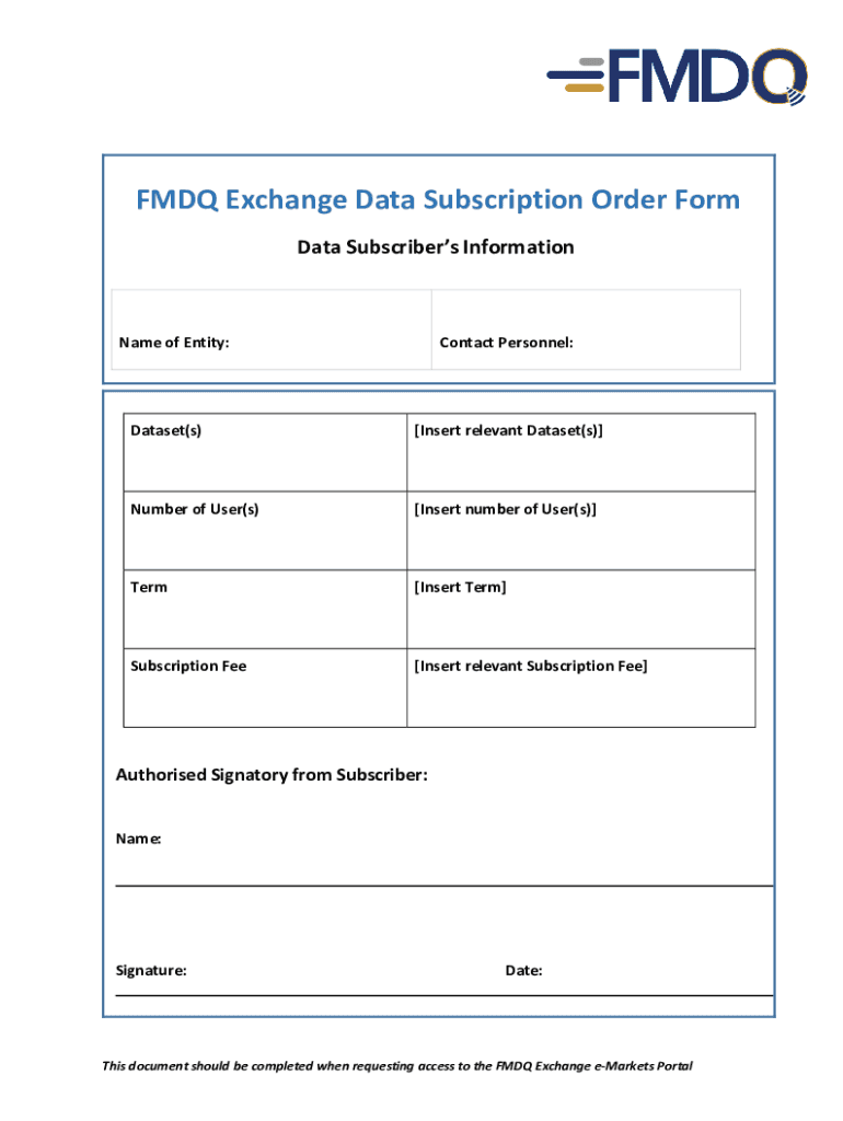 Fillable Online FMDQ Exchange Data Subscription Order Form Fax Email ...