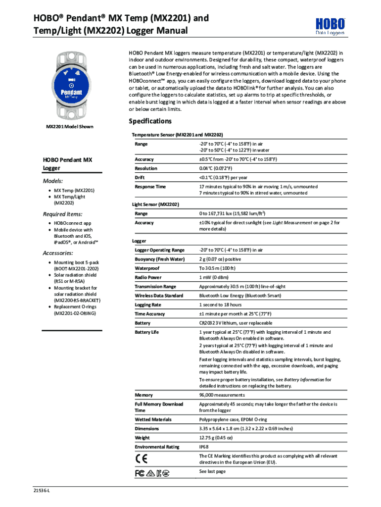 Fillable Online HOBO Pendant MX Temp (MX2201) and Temp/Light (MX2202 ...