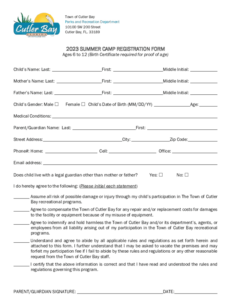 Fillable Online Summer Camp ProgramTown of Cutler Bay Florida Fax Email ...
