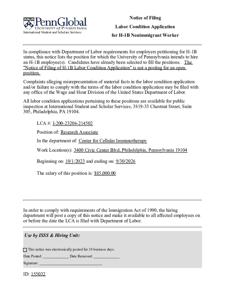Fillable Online Notice of Filing Labor Condition Application for H-1B Nonimmigrant ... Fax Email ...