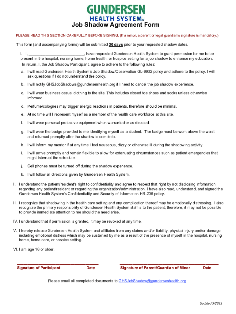 Fillable Online Job shadows and observation information Fax Email Print ...