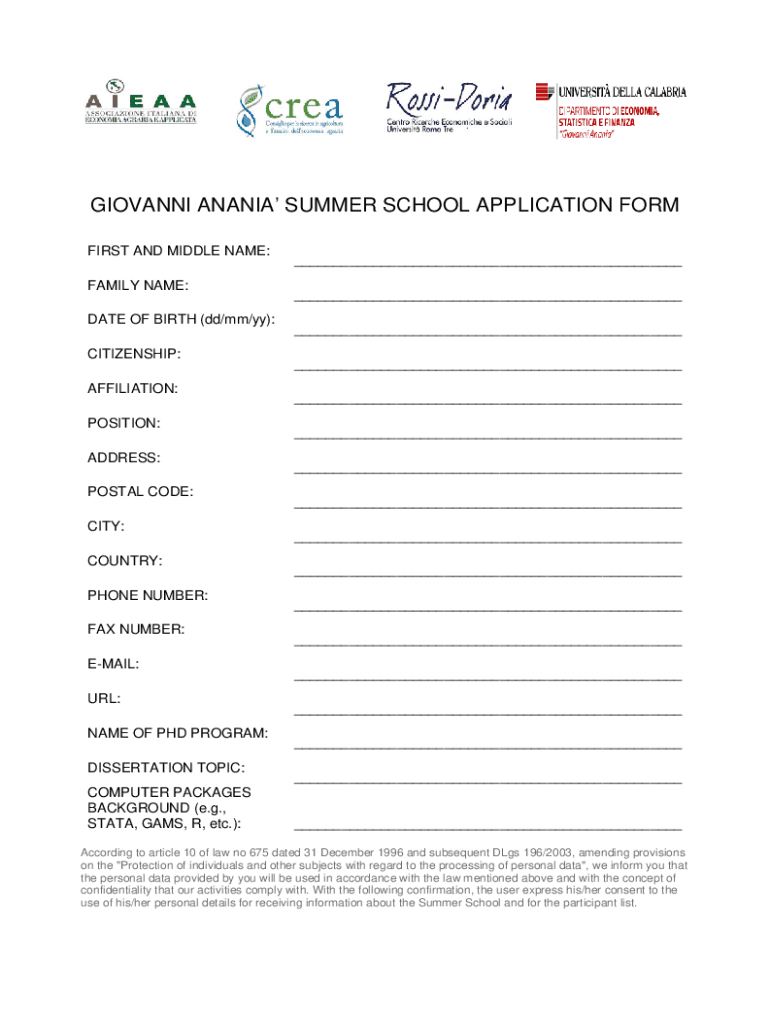 Fillable Online GIOVANNI ANANIA' SUMMER SCHOOL APPLICATION FORM Fax ...