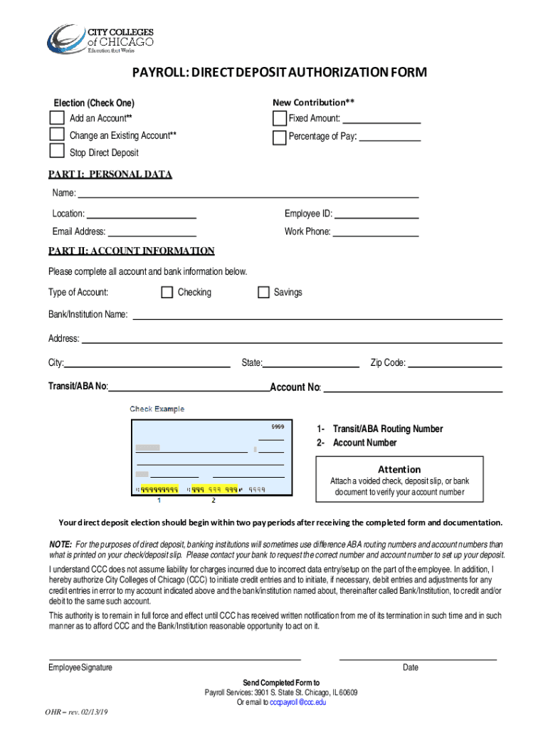 Fillable Online PAYROLL: DIRECT DEPOSIT AUTHORIZATION FORM Fax Email Print - pdfFiller