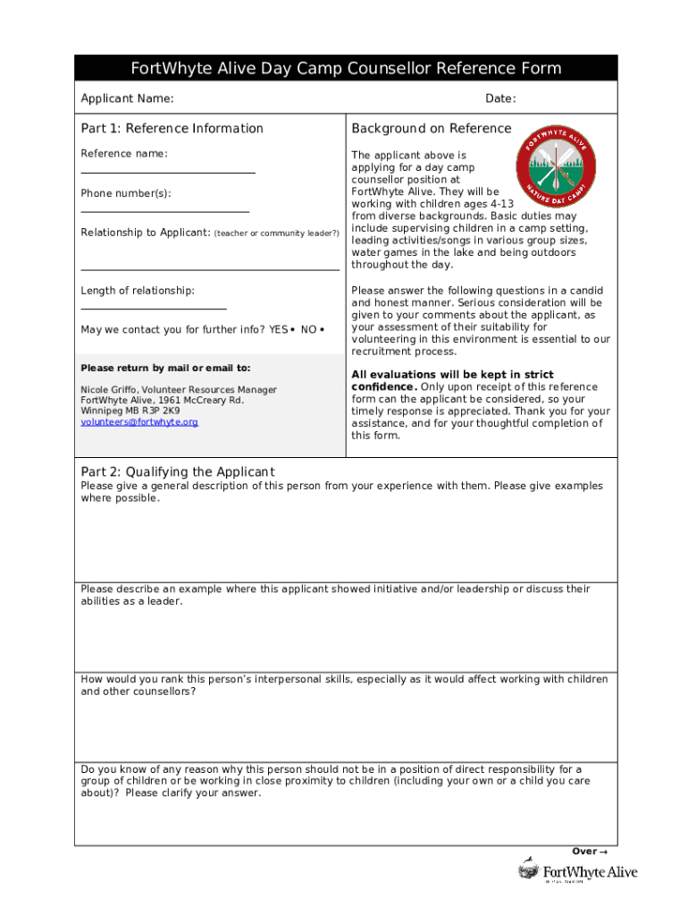 YMCA Camp Counselor Reference Doc Template | pdfFiller