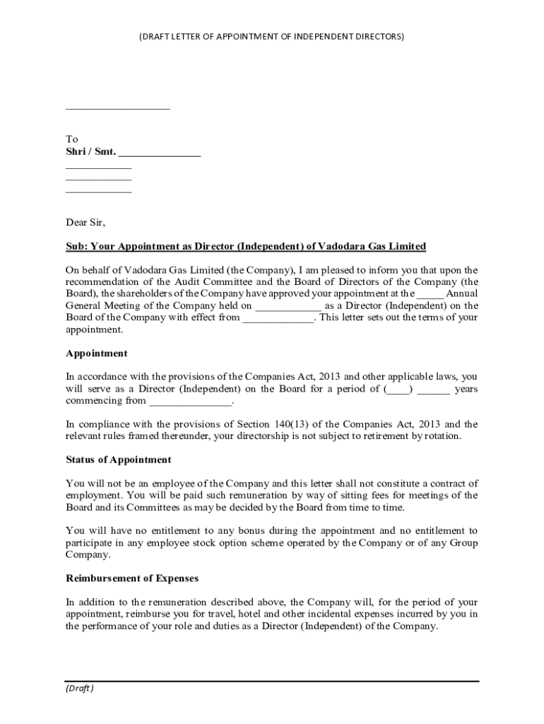 Fillable Online Draft letter of appointment to Independent Directors ...