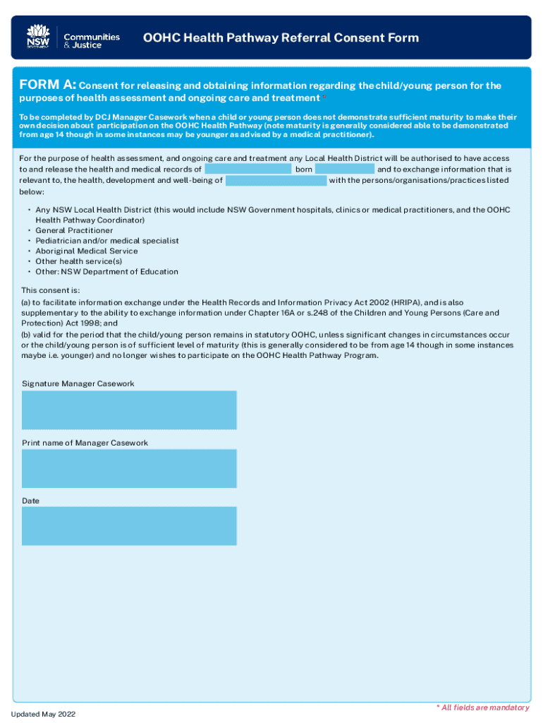 Fillable Online OOHC Health Pathway Referral Consent Form A. This ...
