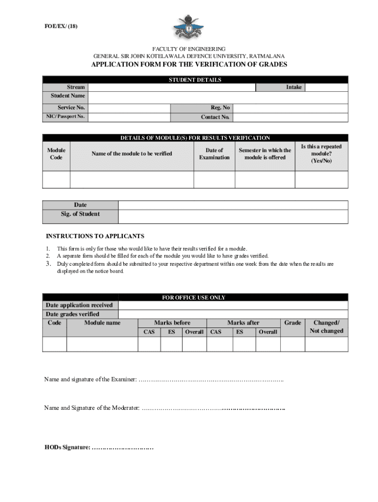 Fillable Online APPLICATION FORM FOR THE VERIFICATION OF GRADES Fax ...