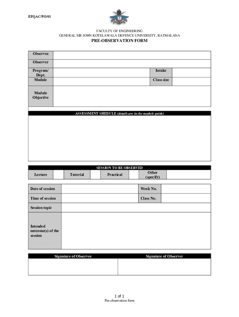 Fillable Online 1 of 1 PRE-OBSERVATION FORM Fax Email Print - pdfFiller