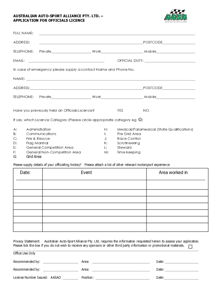 Fillable Online Officials Licence Application Fax Email Print - pdfFiller