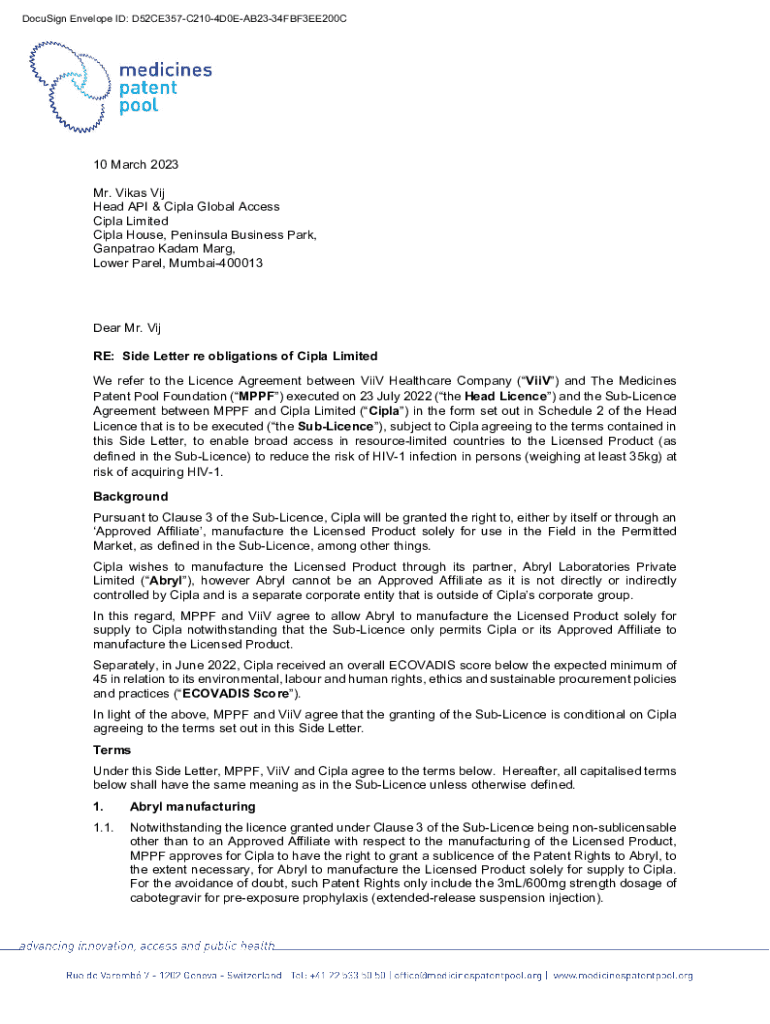Fillable Online Side Letter re obligations of Cipla Limited Fax Email ...