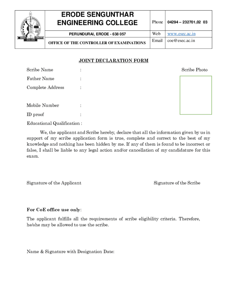 Fillable Online erode-sengunthar ac SCRIBE-JOINT-DECLARATION-FORM ...
