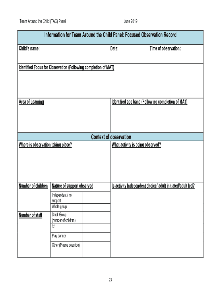 Fillable Online Team Around the Child (TAC) Panel - Focused Observation ...