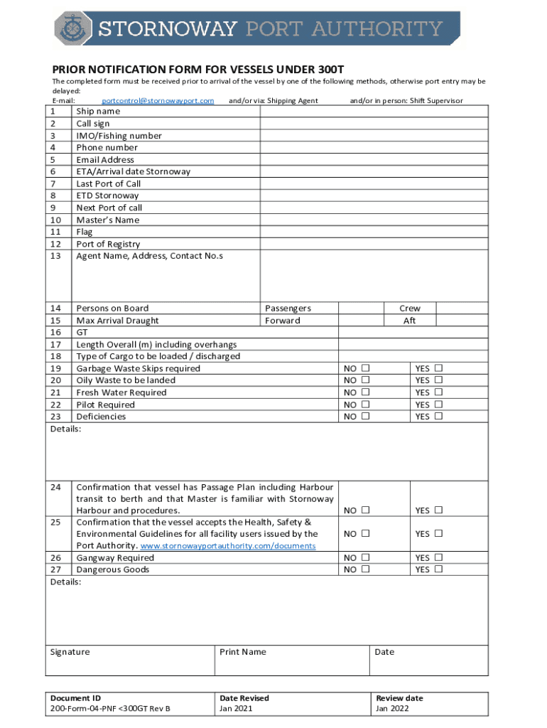 Fillable Online prior notification form for vessels under 300t Fax ...