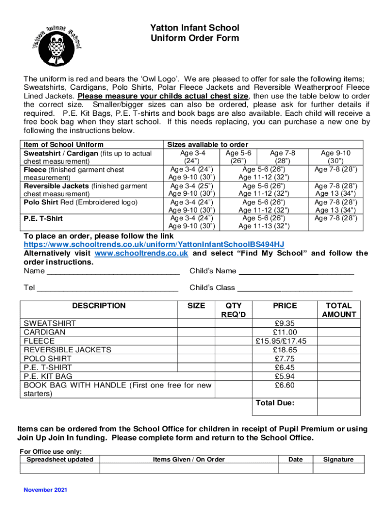Fillable Online Yatton Infant School Uniform Order Form Fax Email Print ...