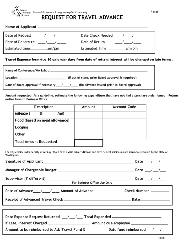 Fillable Online Request for Travel Advance - Mount Vernon Schools Fax Email Print - pdfFiller