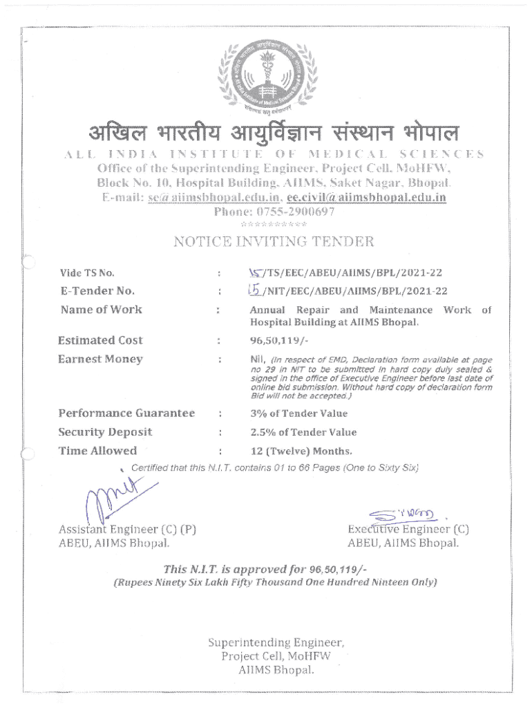 Fillable Online aiimsbhopal edu Tender No. 154: AIIMS Bhopal/Stores/MC ...