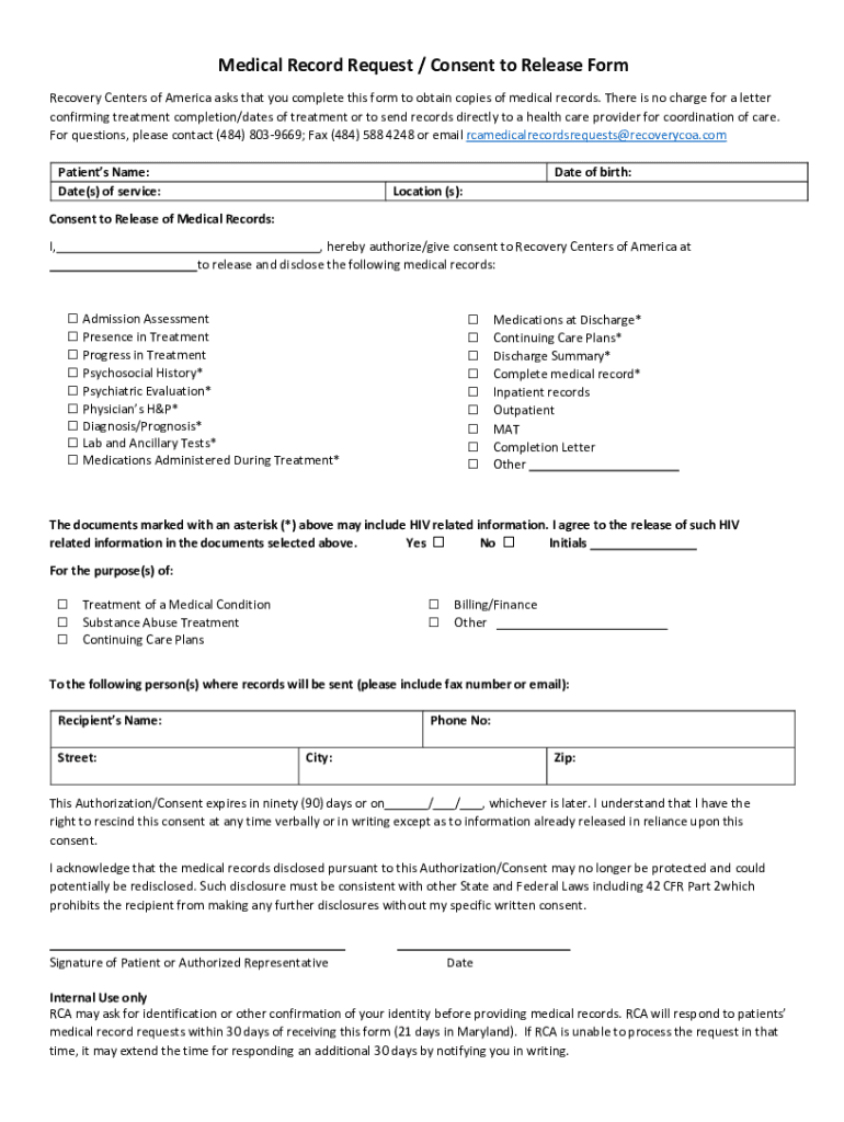 Fillable Online Medical Record Request / Consent to Release Form Fax Email Print - pdfFiller