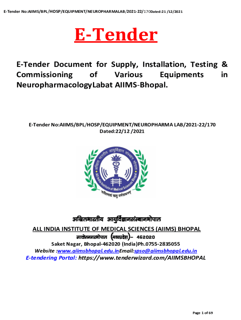 Fillable Online aiimsbhopal edu E-Tender Document for Supply ...