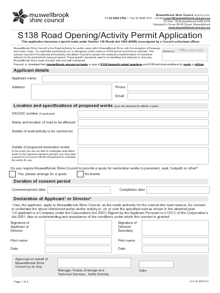 Fillable Online Muswellbrook Shire Council ABN 86 864 180 944 Fax Email ...