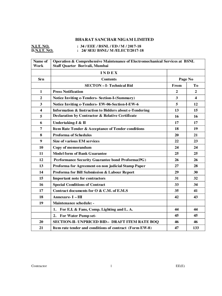 Fillable Online BHARAT SANCHAR NIGAM LIMITED N.I.T. No. Fax Email Print ...