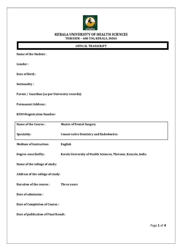 Fillable Online 680 596, KERALA, INDIA OFFICIAL TRANSCRIPT Name ... Fax ...