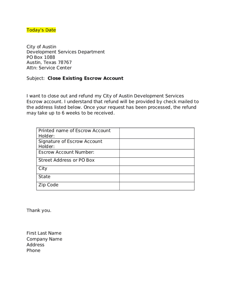 Close Existing Escrow Account Letter template Doc Template | pdfFiller