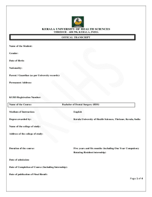 Fillable Online Transcript from KUHS (Kerala University of Health ...