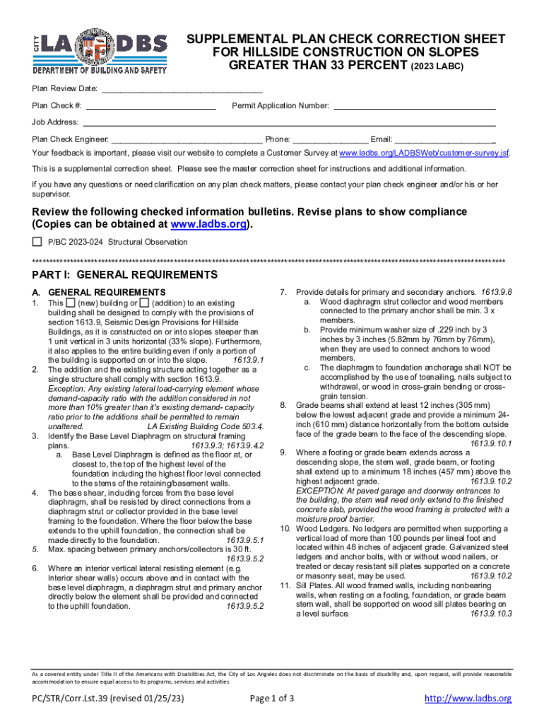 Fillable Online Supplemental Plan Check Correction Sheets for Hillside ...