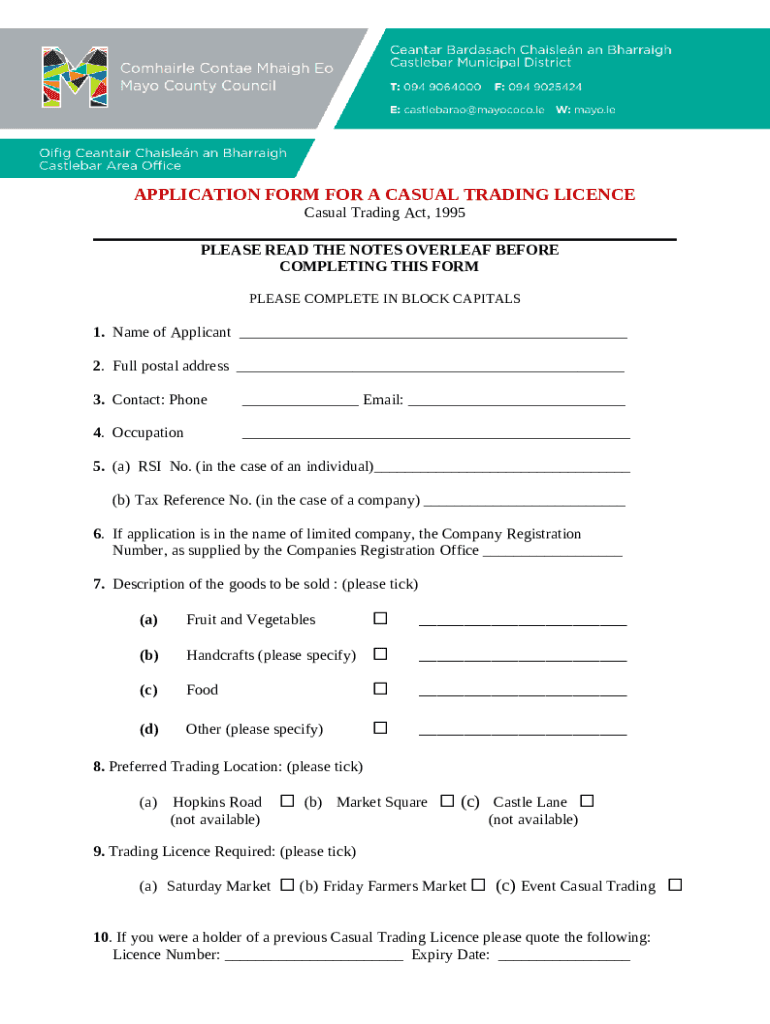 application for a casual trading licence Doc Template | pdfFiller