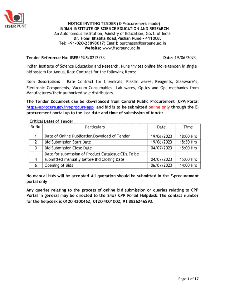 Fillable Online Tender Reference No: IISER/PUR/0212/23 Fax Email Print - pdfFiller