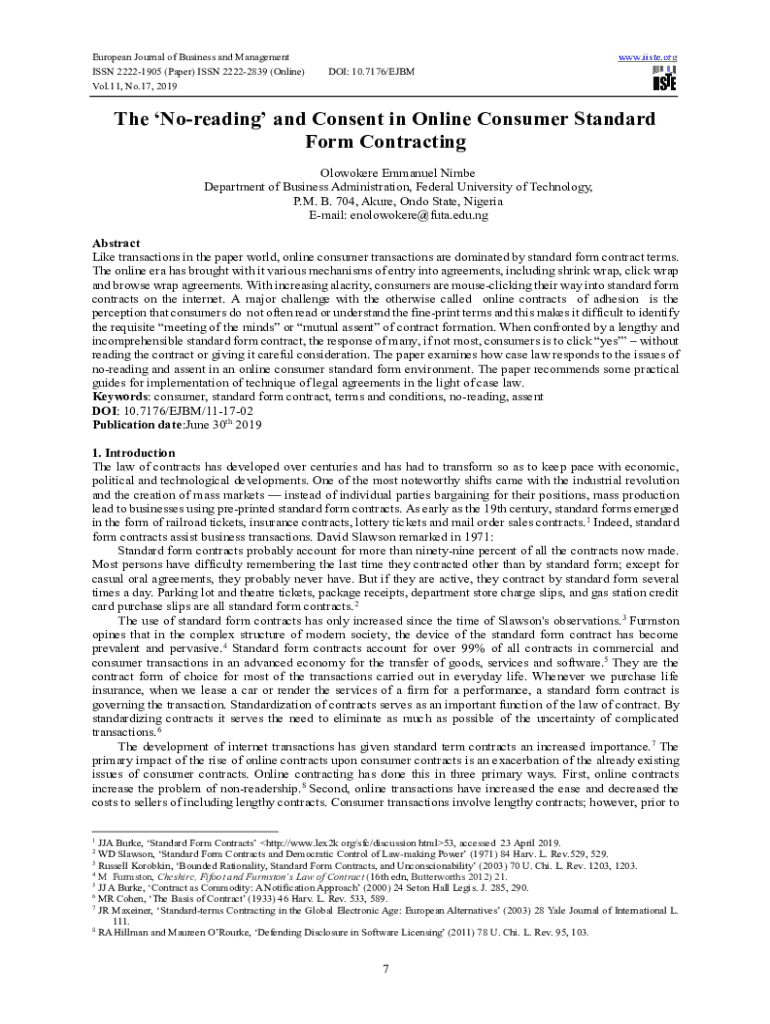 Fillable Online The 'No-reading' and Consent in Online Consumer ...