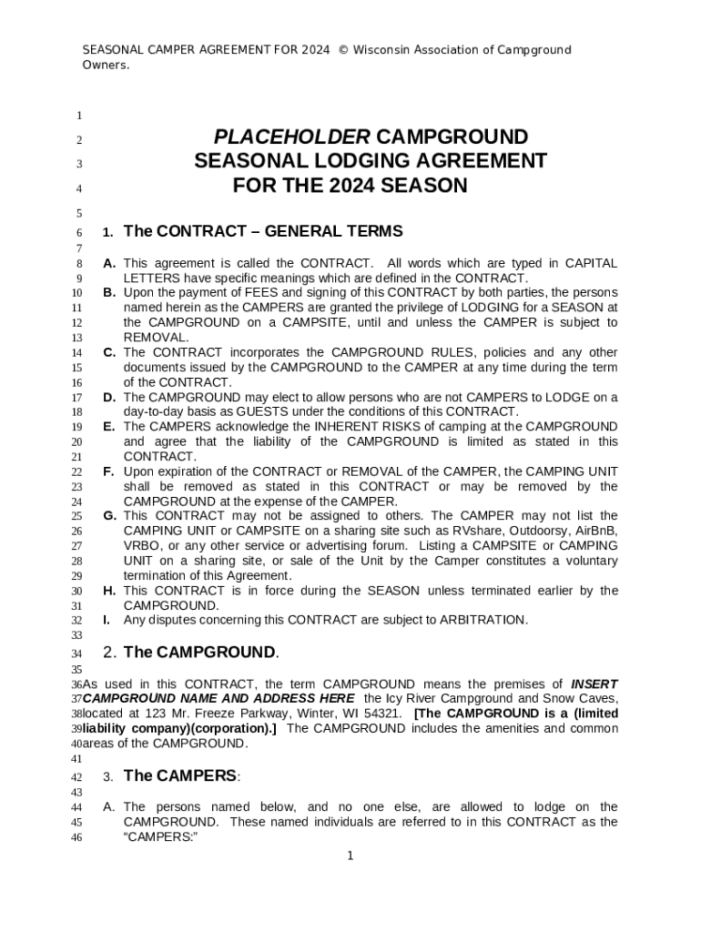 SEASONAL CAMPGROUND LODGING AGREEMENT ... Doc Template | pdfFiller