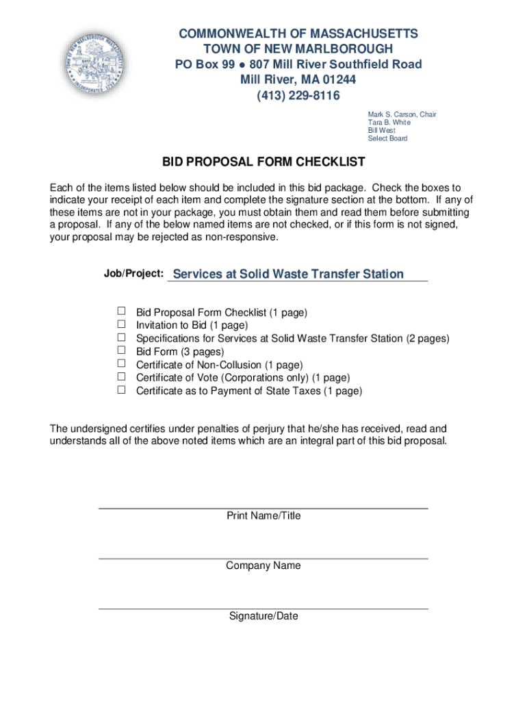 Fillable Online BID PROPOSAL FORM CHECKLIST Job/Project: Services at ...
