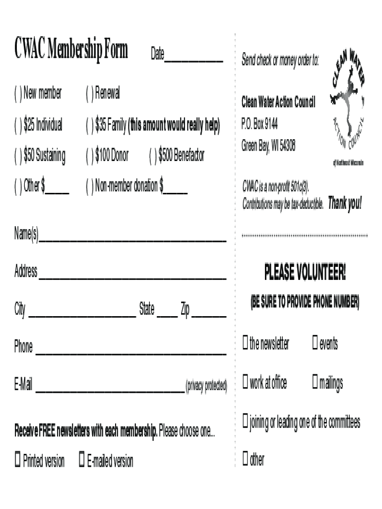 Fillable Online CWAC Membership Form Fax Email Print - pdfFiller