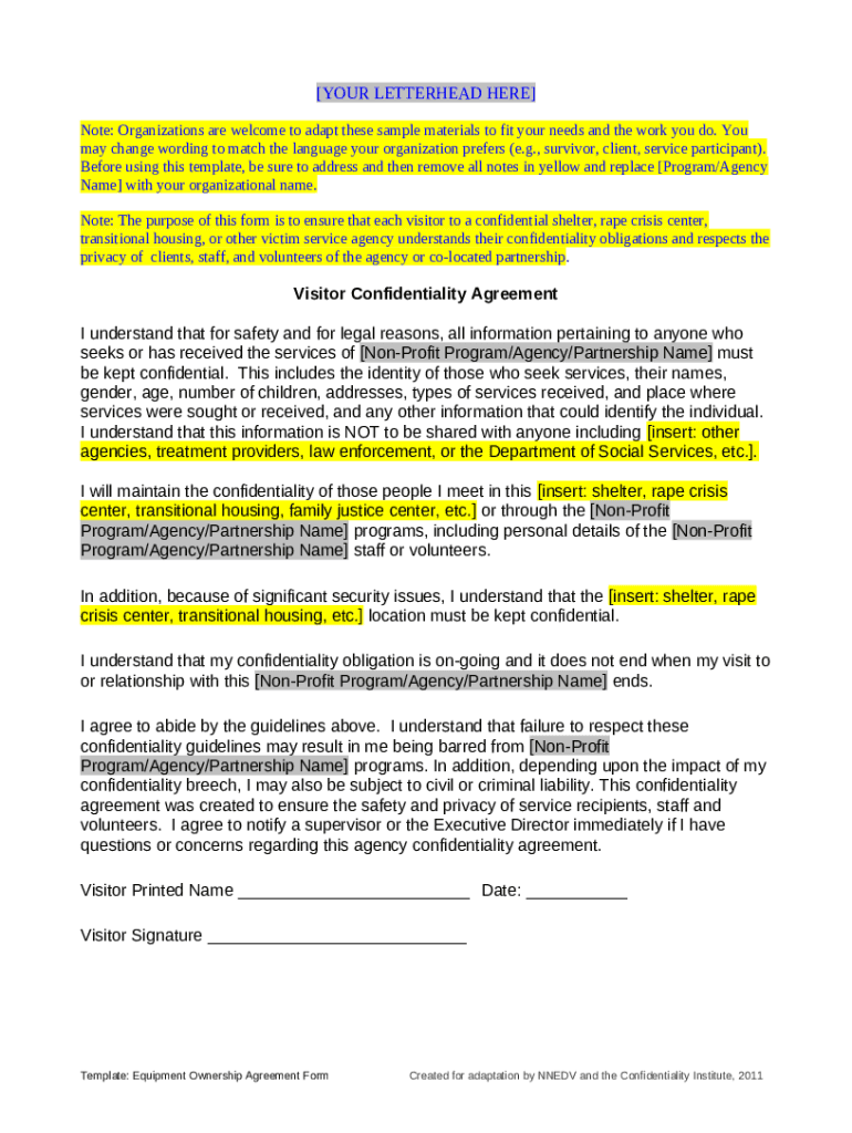 Visitor Confidentiality Agreement Doc Template | pdfFiller