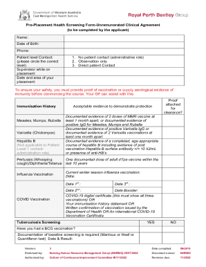 Fillable Online Pre-Placement Health Screening Form- ... Fax Email ...