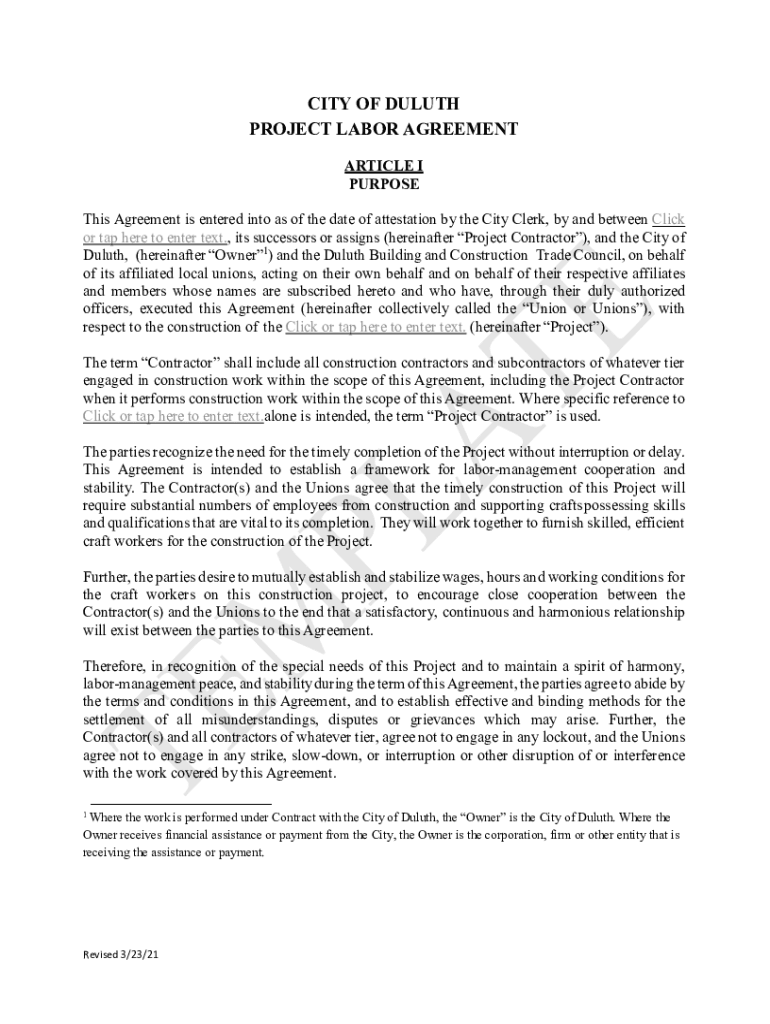 Fillable Online CITY OF DULUTH PROJECT LABOR AGREEMENT ... Fax Email ...