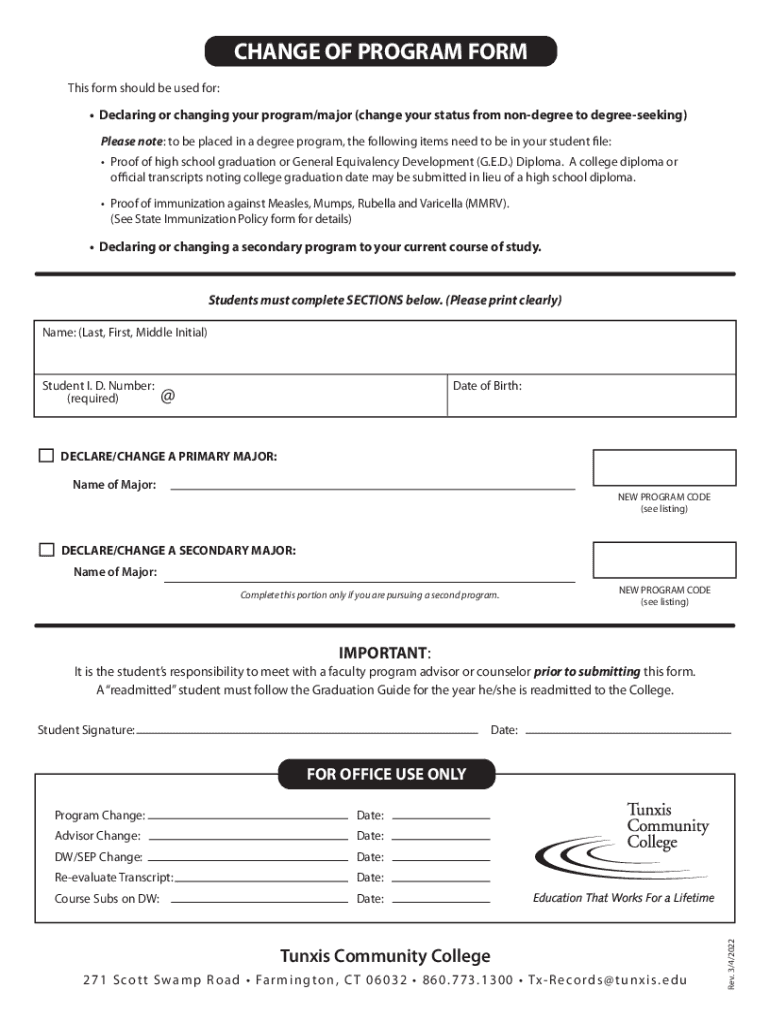 Fillable Online Declaring or changing your program/major (change your status from non-degree to ...