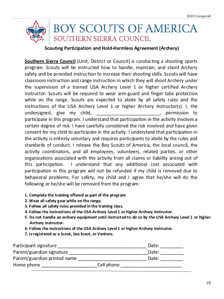 Fillable Online Scouting Participation and Hold-Harmless Agreement ...