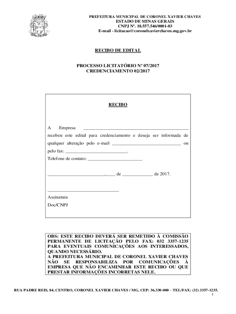 Preenchível Disponível RECIBO DE EDITAL PROCESSO LICITATRIO N 07/ ... Fax Email Imprimir - pdfFiller