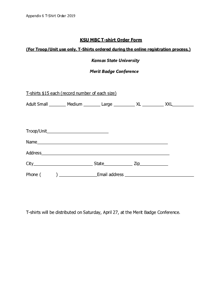 Fillable Online KSU MBC T-shirt Order Form Fax Email Print - pdfFiller