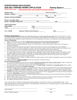 Fillable Online Information on student parking... - Porter Ridge High ...
