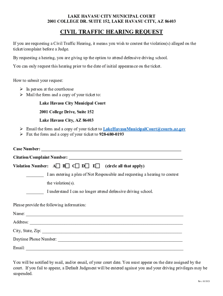 Fillable Online CIVIL TRAFFIC HEARING REQUEST Fax Email Print - pdfFiller