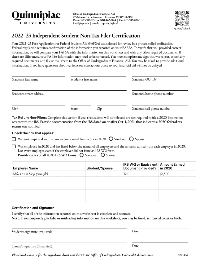 Fillable Online 202223 Independent Student Non-Tax Filer Certification ...