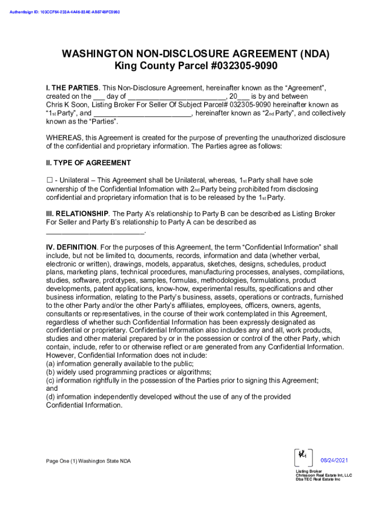 Fillable Online WASHINGTON NON-DISCLOSURE AGREEMENT (NDA) King ... Fax ...