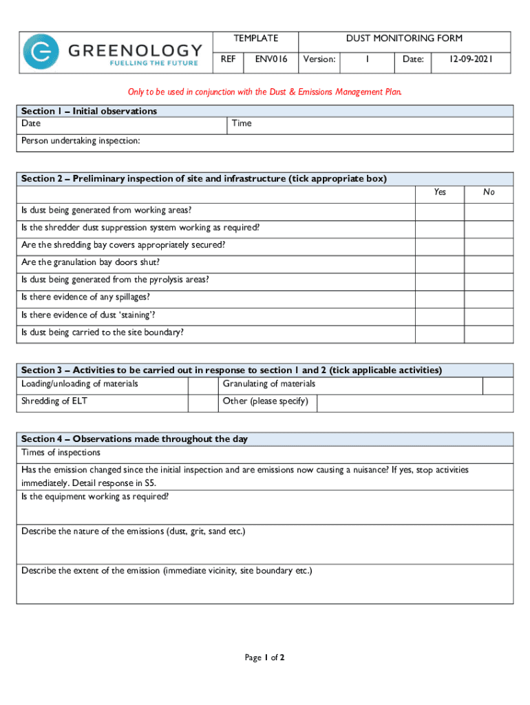 Fillable Online TEMPLATE DUST MONITORING FORM REF ENV016 Version Fax ...