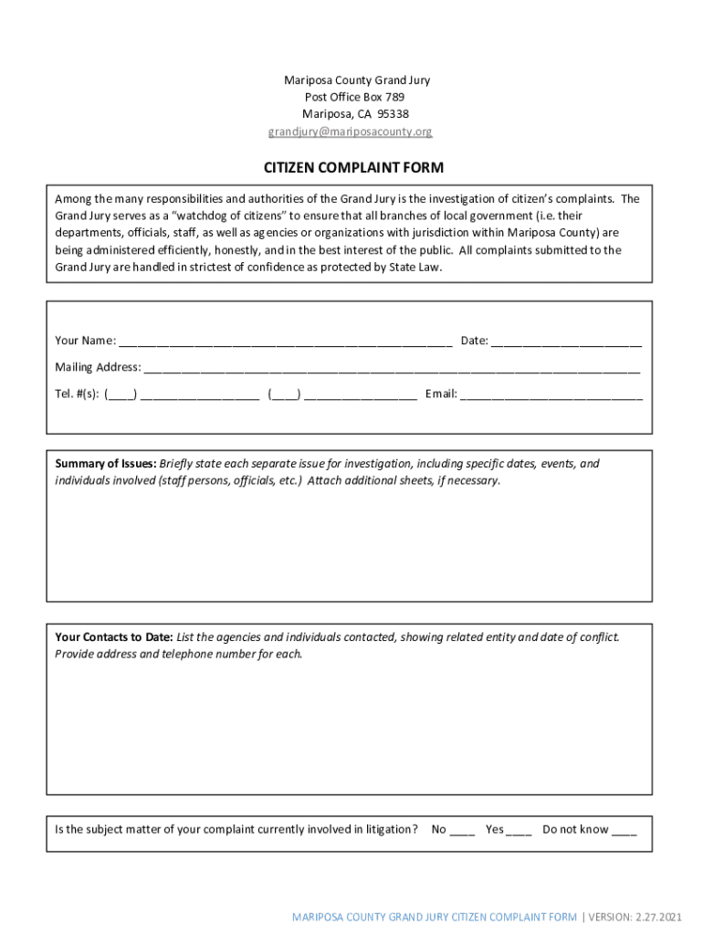 Fillable Online Mariposa County Grand Jury - CITIZEN COMPLAINT FORM Fax Email Print - pdfFiller